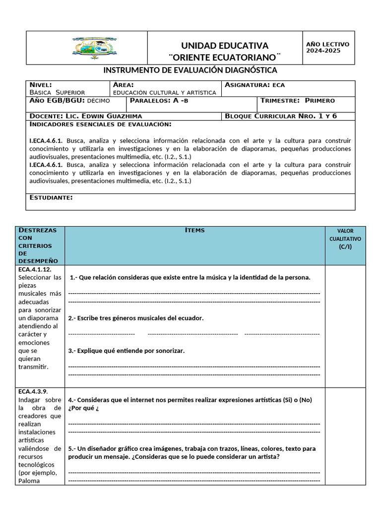 Evaluacion Diagnostica ECA. 10mo. - 104852 | PDF
