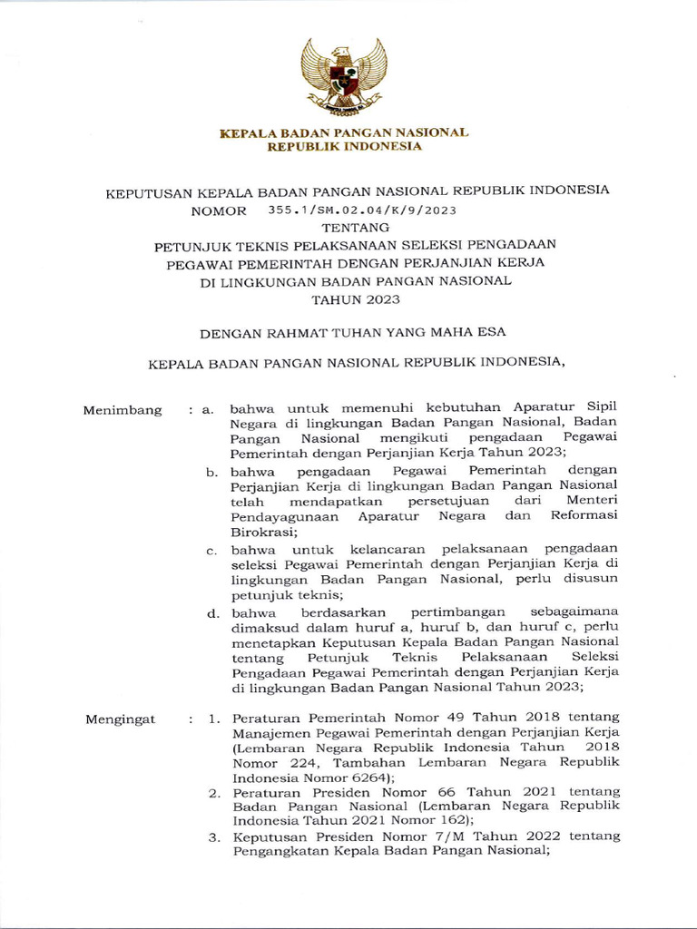 Keputusan Kepala Badan Pangan Nasional Tentang Juknis PPPK | PDF