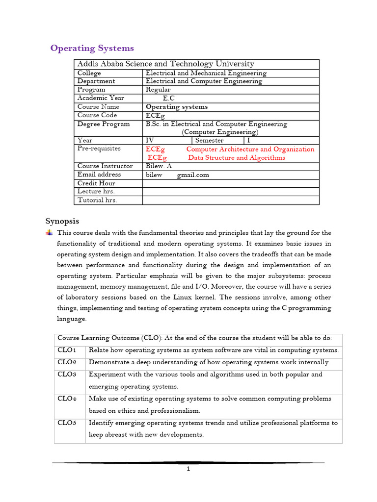 OS Course Outline AASTU | PDF | Operating System | System