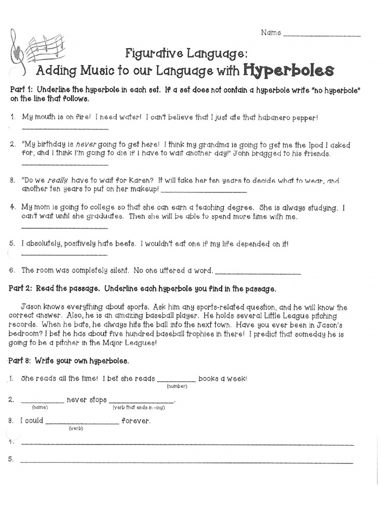 Figurative Language Practice Hyperboles | PDF