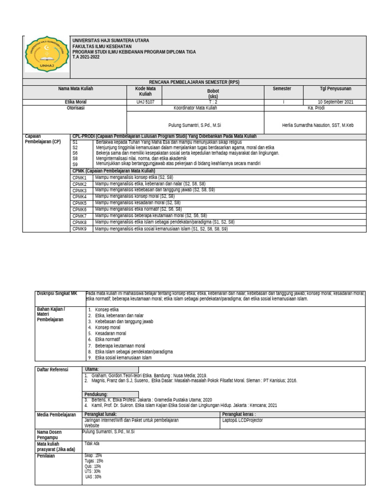 RPS ETIKA MORAL 21 Fix | PDF | Karier & Perkembangan