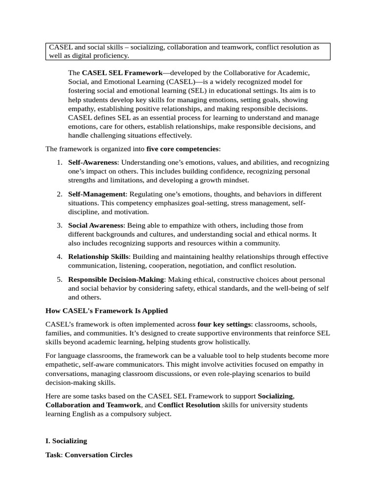 CASEL and Social Skills Tasks | PDF | Psychological Concepts ...