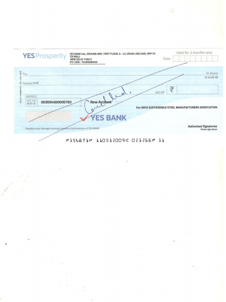 Yes Bank Cancelled Cheque | PDF