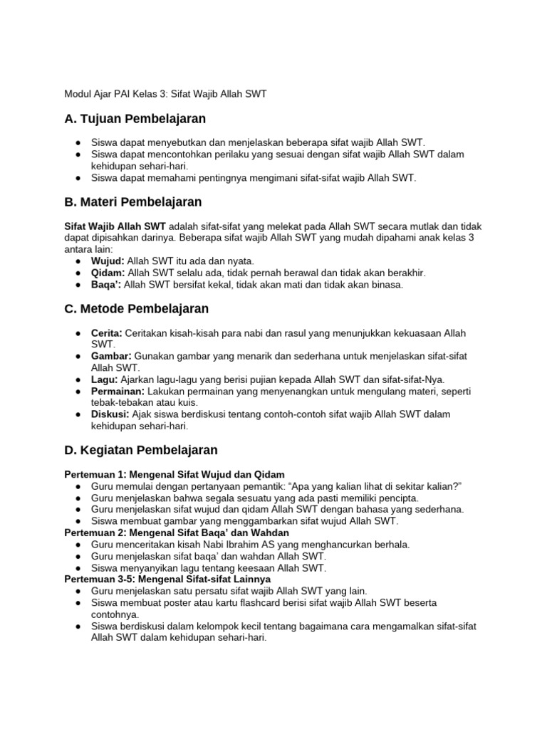 Modul Ajar Pai Kelas 3 Tentang Sifat Wajib Bagi A... | PDF | Karier & Perkembangan