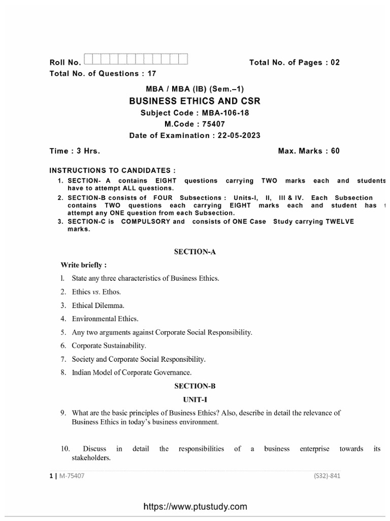 Mba 1 Sem Ib Business Ethics and CSR 75407 May 2023 | PDF