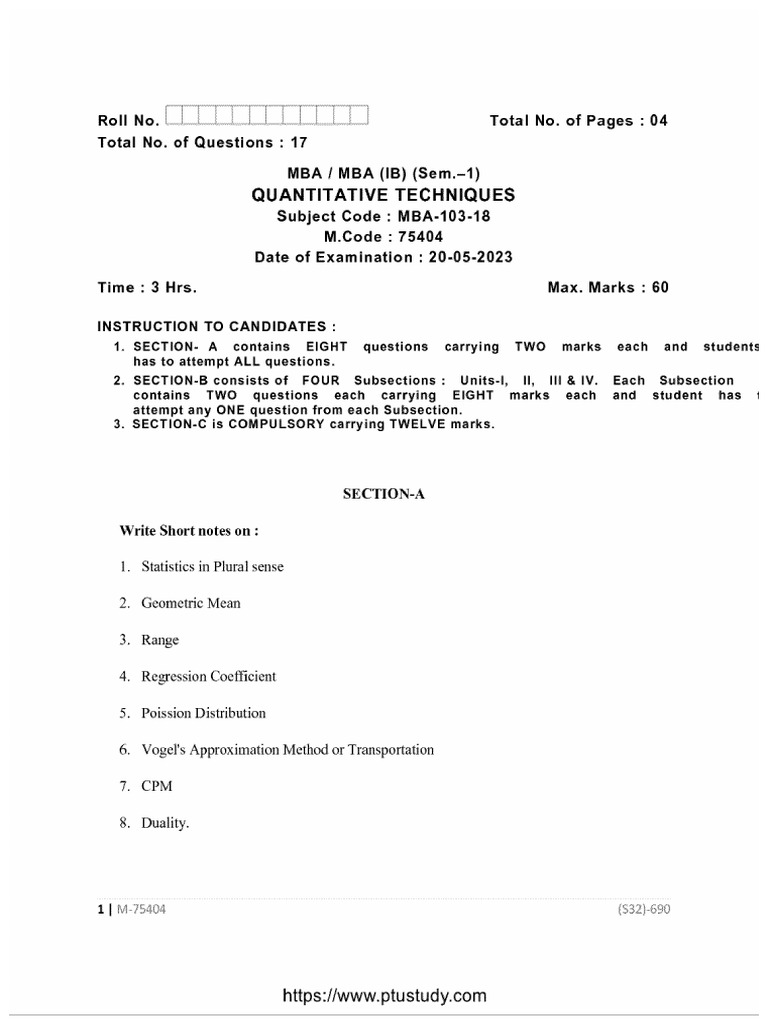 Mba 1 Sem Ib Quantitative Techniques 75404 May 2023 | PDF