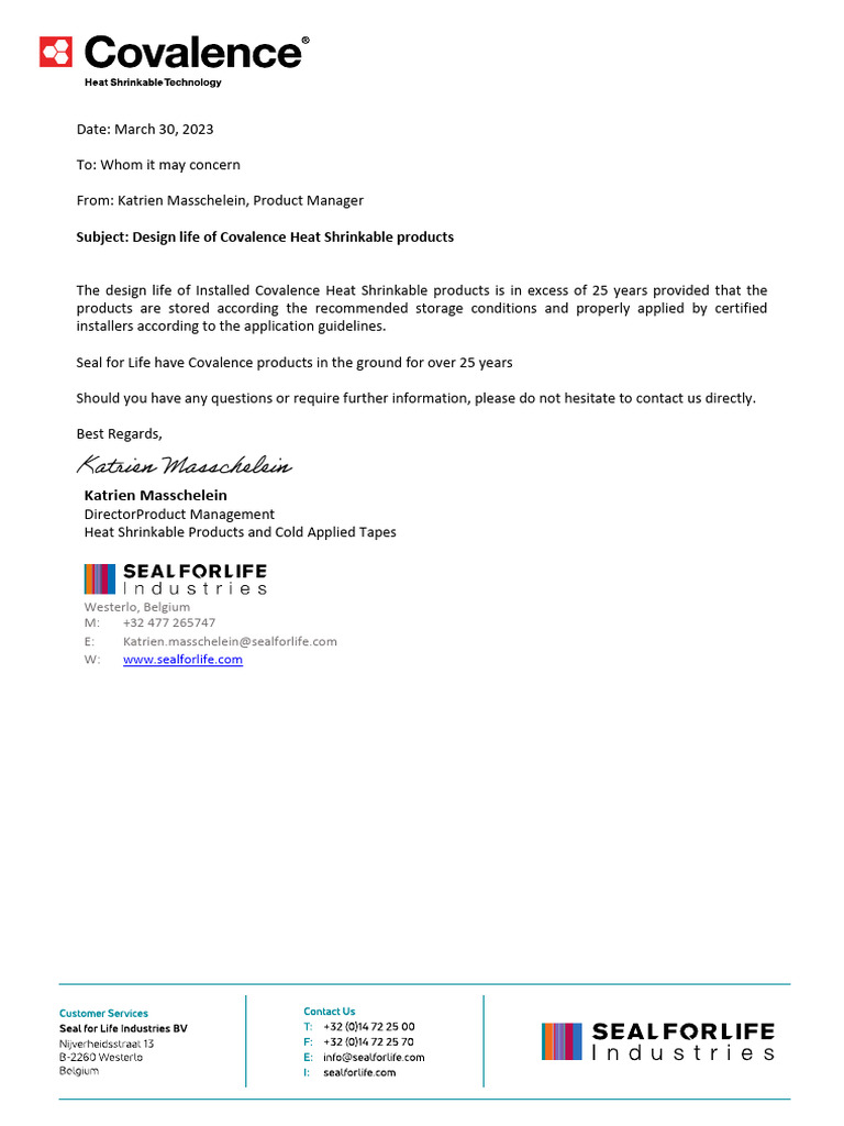2023-03-30 PNL - Covalence Heat Shrinkable Products Design Life | PDF ...
