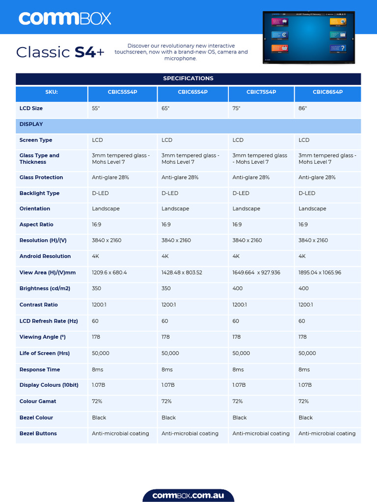 CommBox Classic S4+ Tech Specs | PDF | Liquid Crystal Display | Touchscreen
