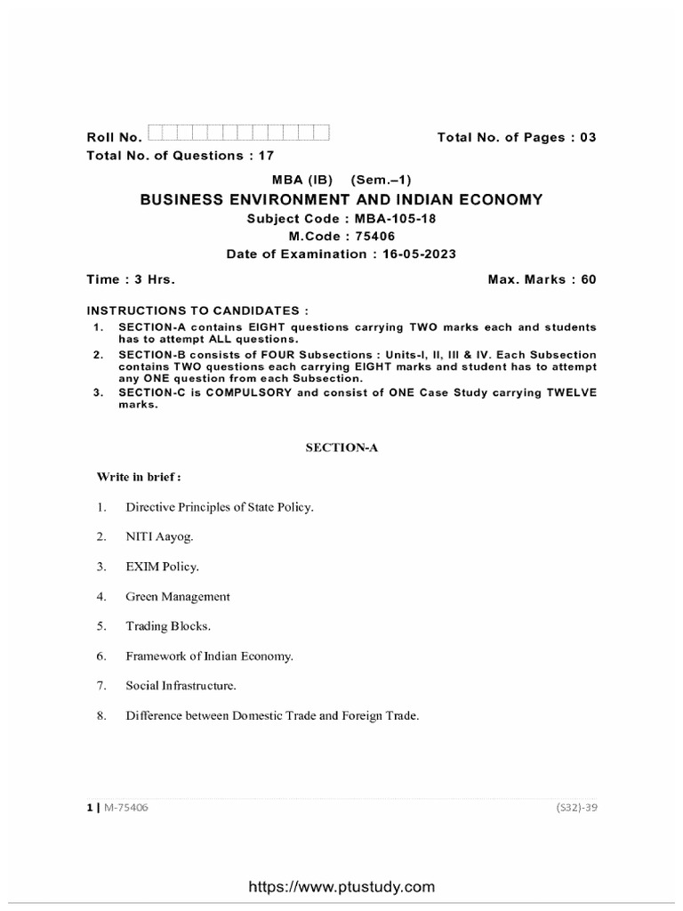Mba 1 Sem Ib Business Environment and Indian Economy 75406 May 2023 | PDF