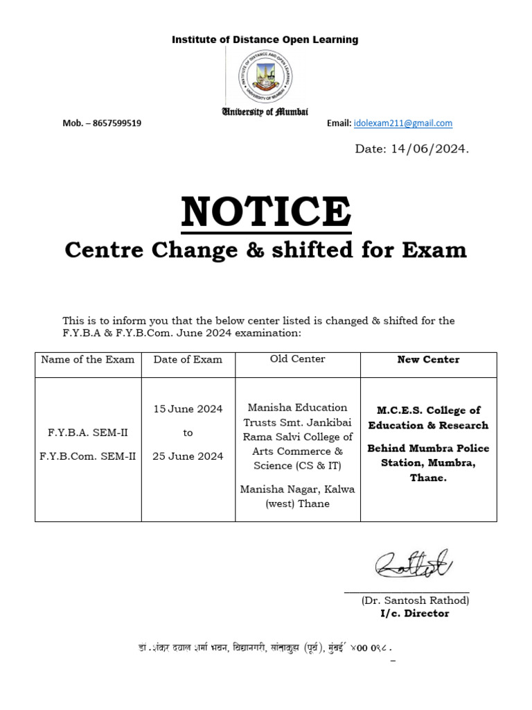 Centre Change Shifted Notice June 2024 | PDF