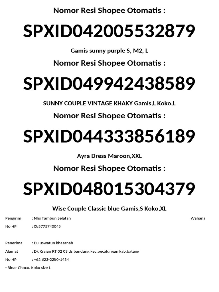 Nomor Resi Shopee Otomatis | PDF