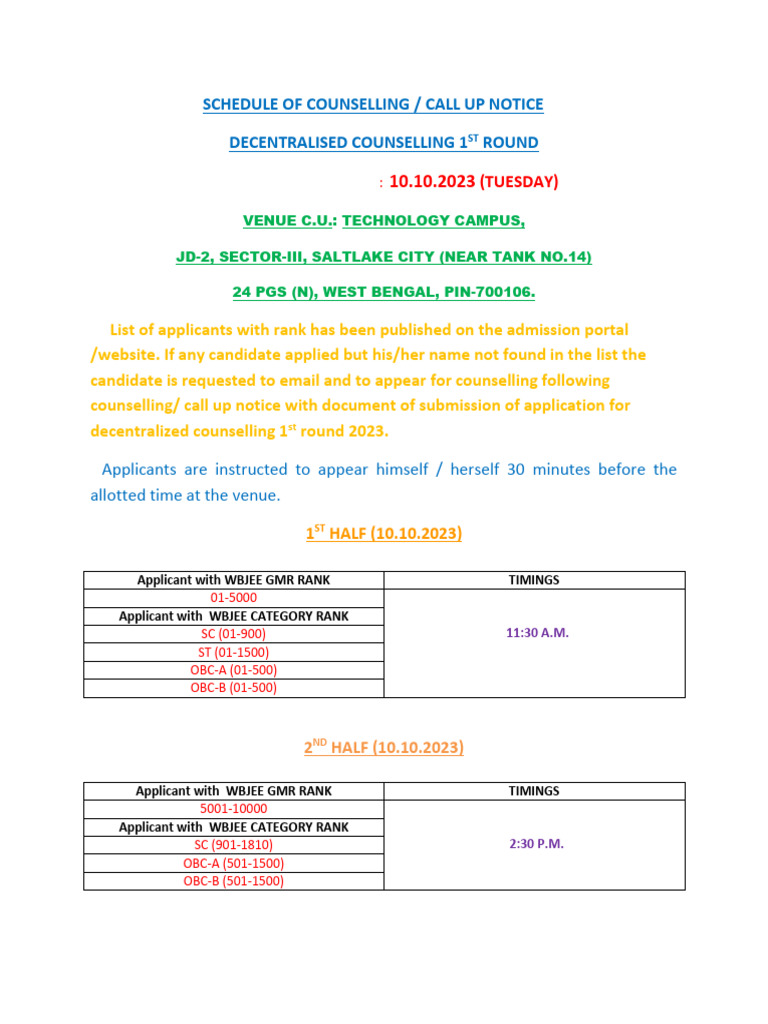 Decentralised Counselling 1st Round Call Up Notice | PDF