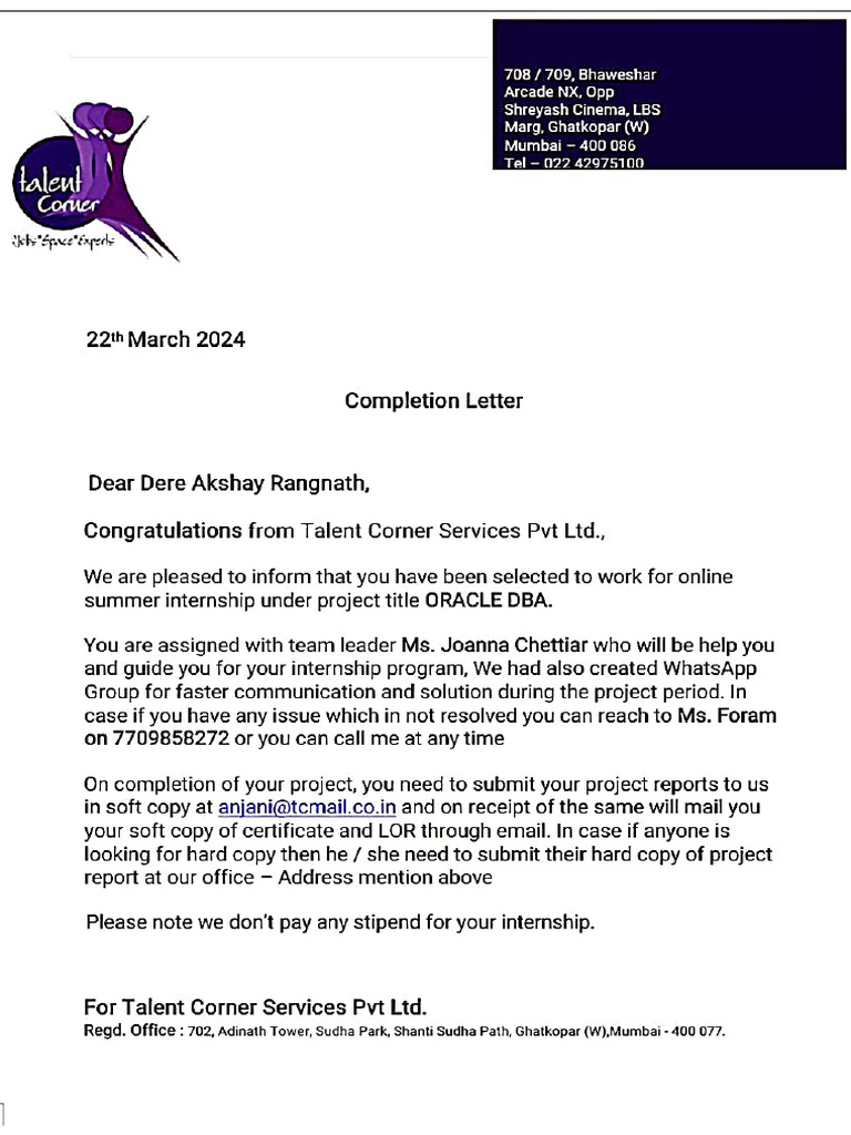 Project Completion Letter | PDF