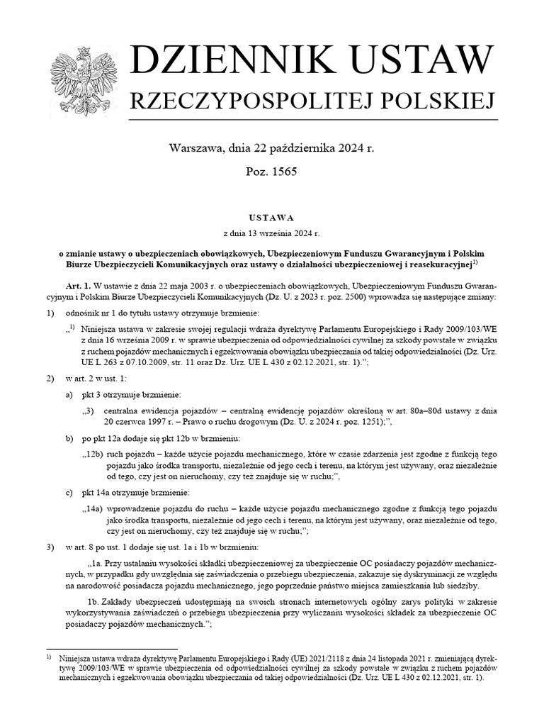 Nowa Ustawa o Ubezpieczeniach Komunikacyjnych | PDF