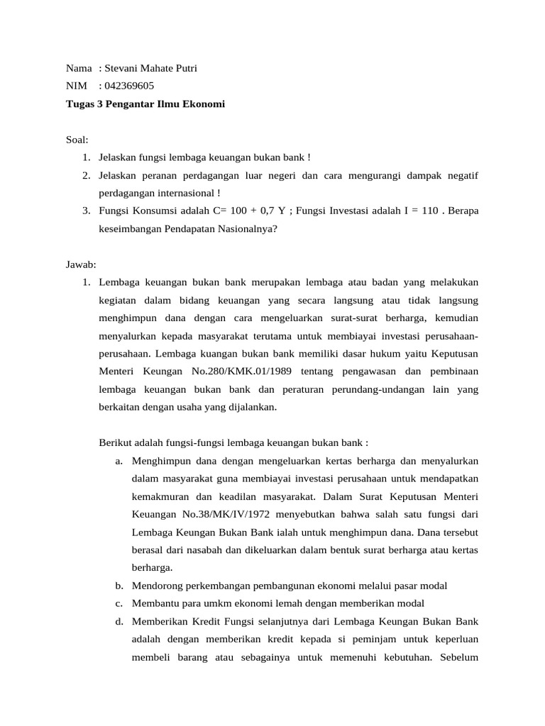 Tugas 3 Pengantar Ilmu Ekonomi | PDF | Pengelolaan Keuangan & Uang