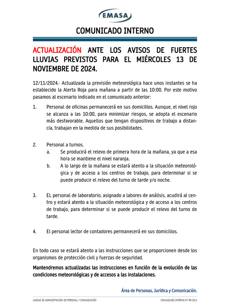 Comunicado - Interno - 55 - Actualización Aviso Por Fuertes Lluvias ...