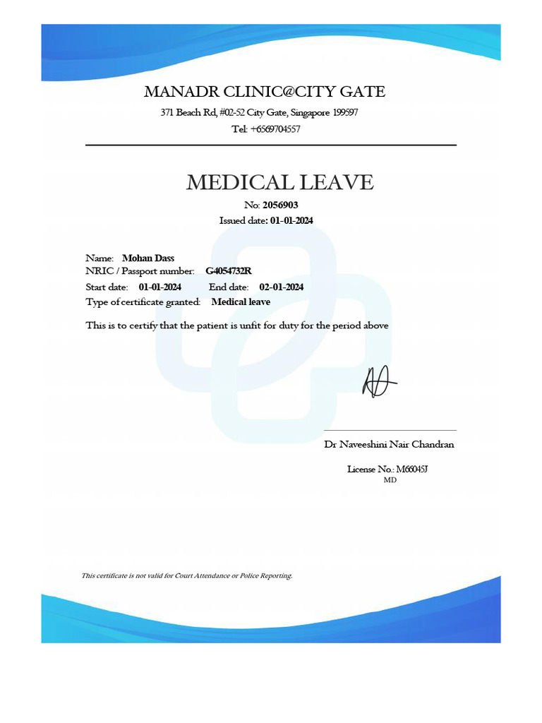 Medical Leave: Manadr Clinic@City Gate | PDF