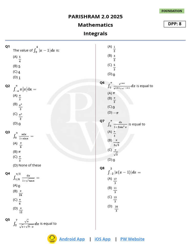 Integrals DPP 08 Parishram 2.0 2025 | PDF | Teaching Methods & Materials