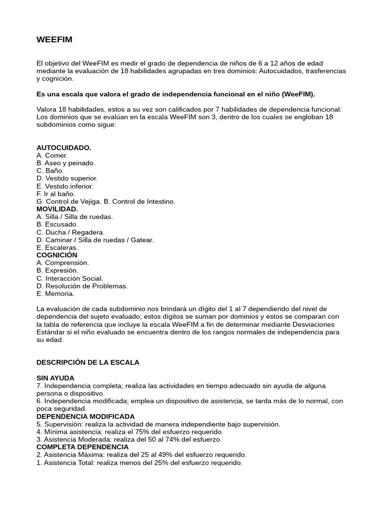WeeFIM Descrip | PDF | Crecimiento personal y profesional