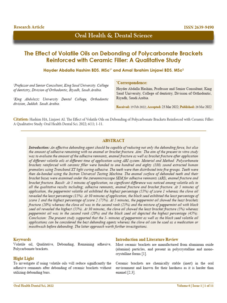 The Effect of Volatile Oils On Debonding of Polycarbonate Brackets ...