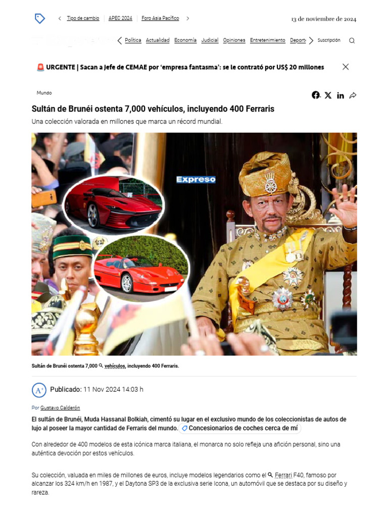 Sultán de Brunéi Ostenta 7,000 Vehículos, Incluyendo 400 Ferraris | PDF ...