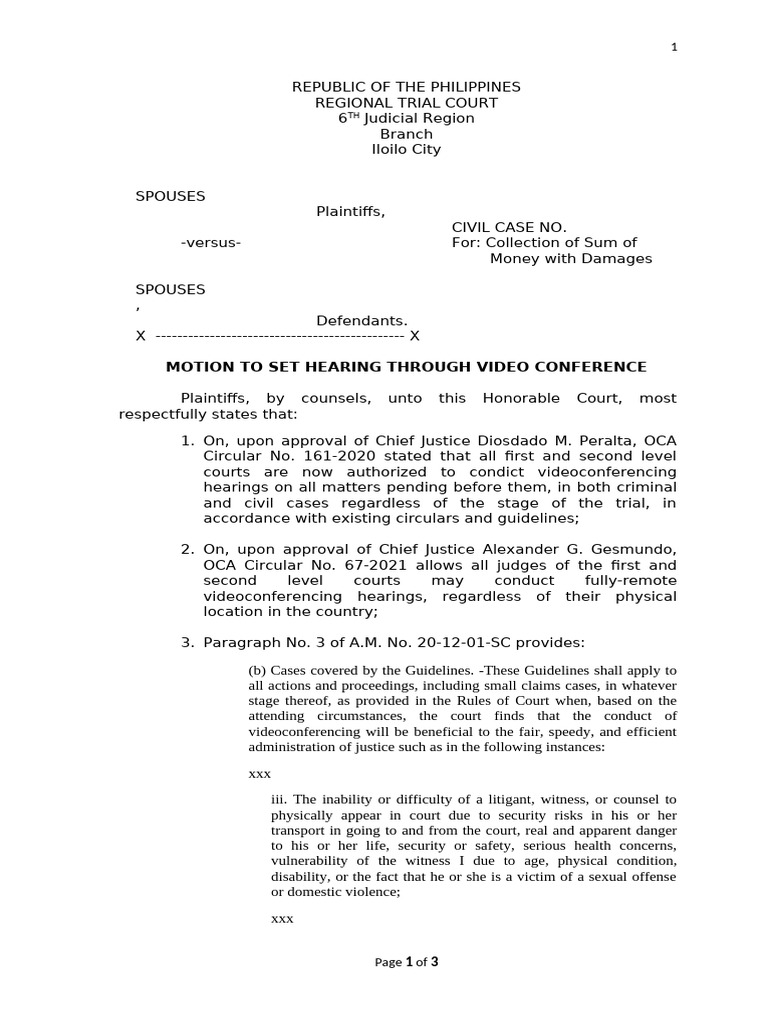 Motion for Video Conference Hearing | PDF | Lawsuit | Separation Of Powers
