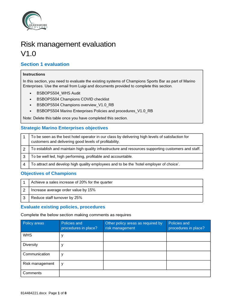 BSBOPS504 - SHRisk Management Evaluation V2.0 | PDF | Risk | Regulatory ...