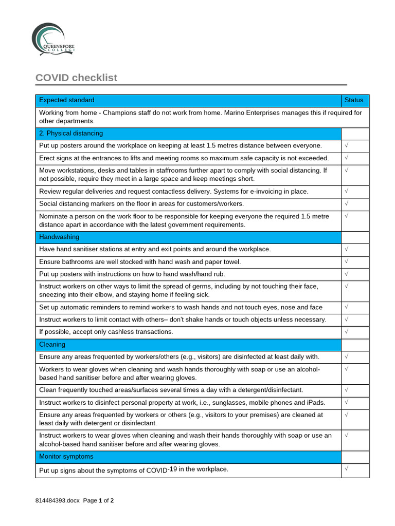 BSBOPS504 Champions COVID Checklist | PDF | Hand Washing | Emergency ...