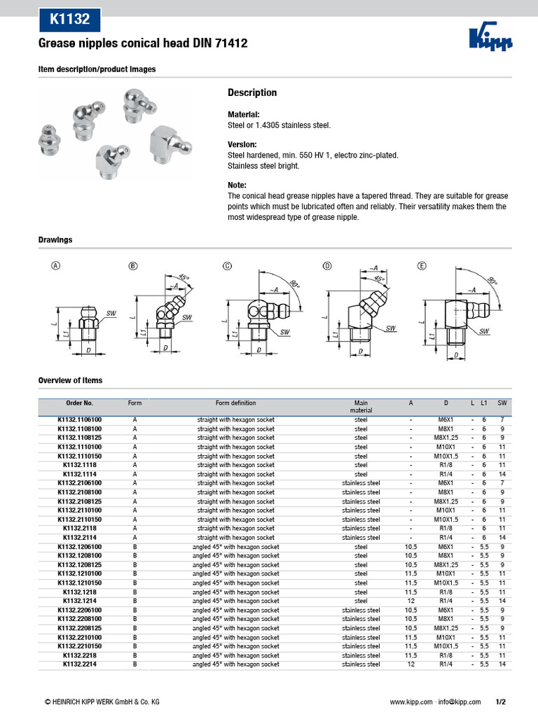 K1132 Datasheet 18494 Grease Nipples Conical Head DIN 71412 - en | PDF ...