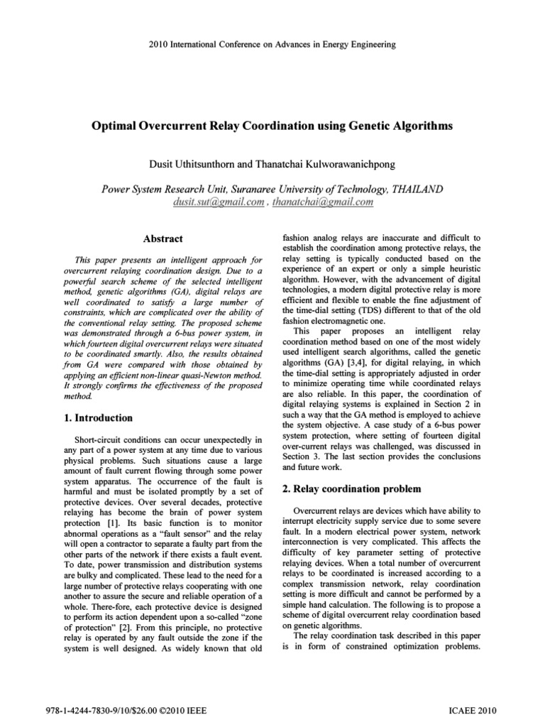 Optimal Over Current Relay Coordination Using Genetic Algorithms Pdf Mathematical