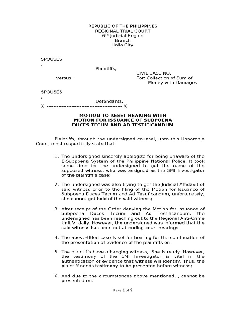 Motion for Witness Subpoena Issuance | PDF | Subpoena Duces Tecum | Witness