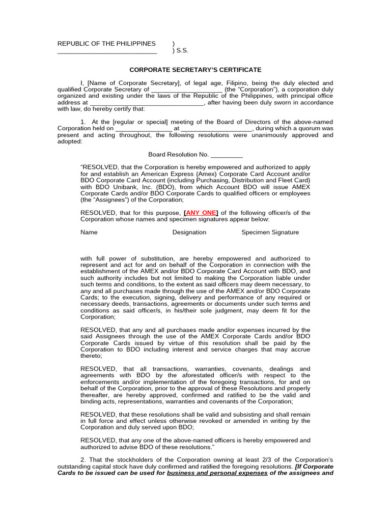 Secretary's Certificate Template (For AMEX and BDO Corp Card) | PDF ...