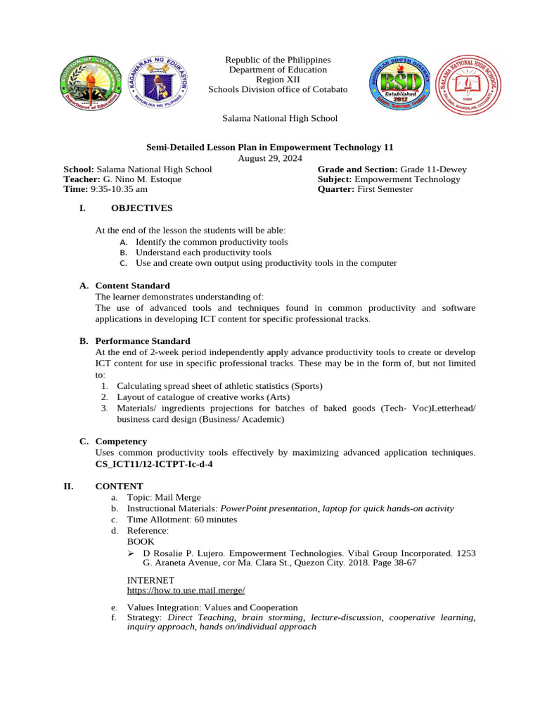SHS Emp Tech LESSON PLAN | PDF | Mail | Educational Technology