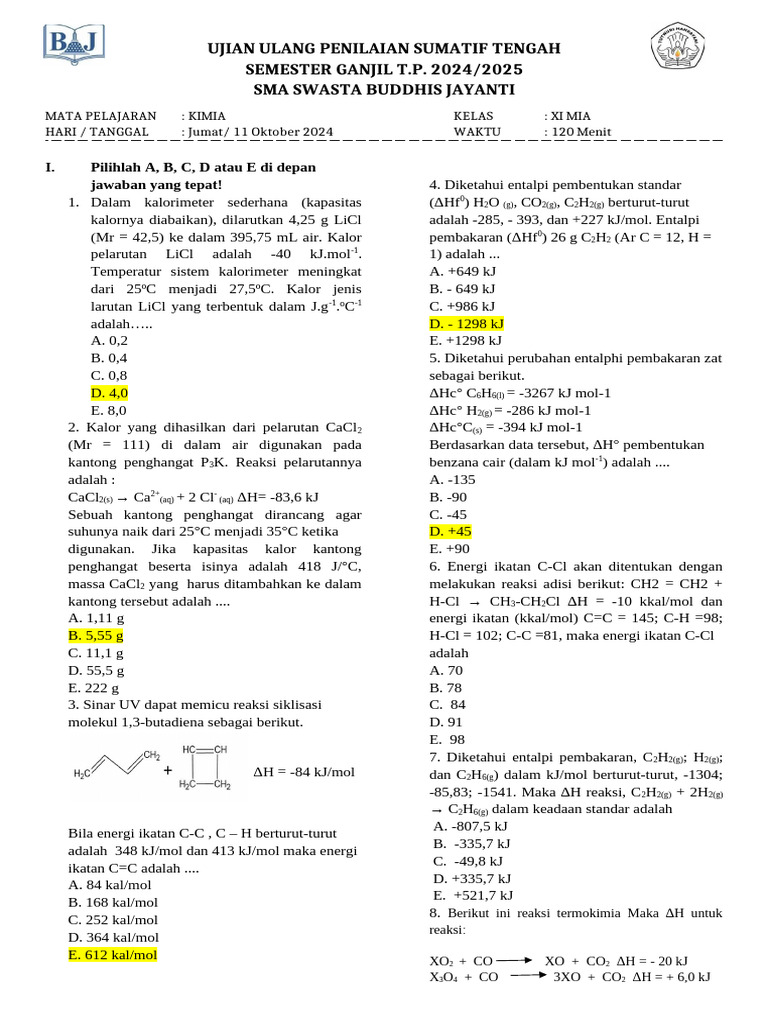 Soal Remedial PTS Kimia Kelas XI | PDF