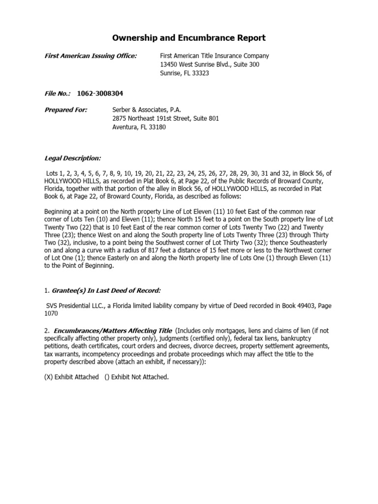 Ownership and Encumbrance Report: First American Issuing Office | PDF ...