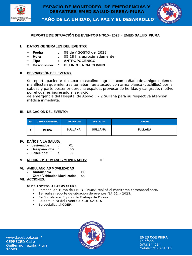 Reporte de Situación de Eventos N°615 - 2023 - Delincuencia Comun | PDF