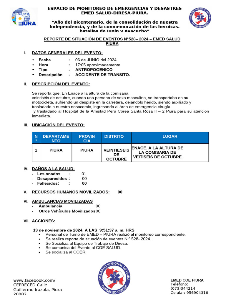 Reporte de Situación de Eventos N°528 - 2024 A.T | PDF
