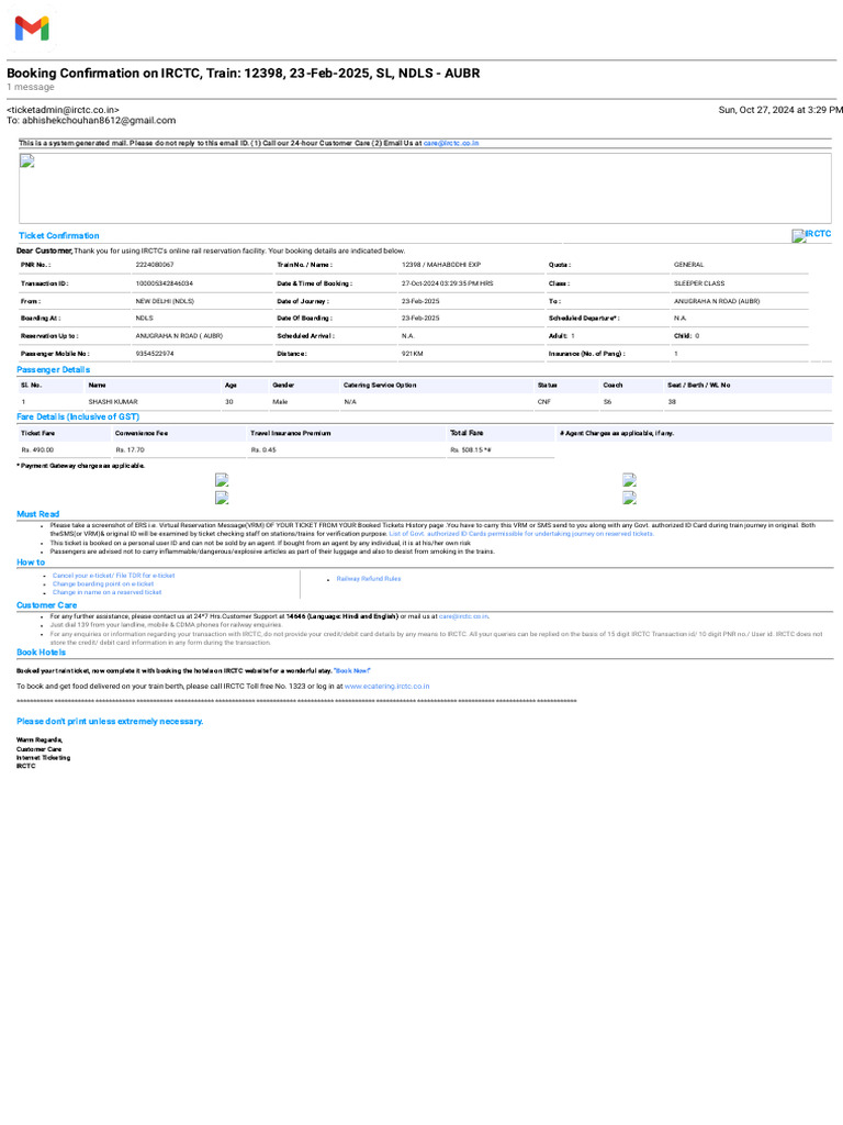 IRCTC Train Ticket Confirmation 2025 | PDF | Service Industries