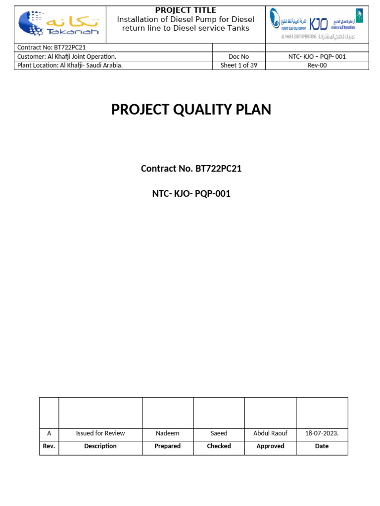 Project Quality Plan | PDF | Quality Management | Quality Management System
