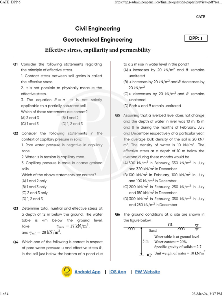 Effective Stress, Capillarity and Permeability - DPP 01 (By Badal Sir) | PDF | Soil | Soft Matter