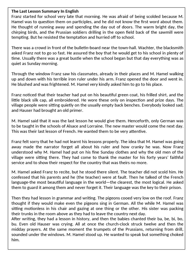 Flamingo 1 The Last Lesson Summary in English | PDF