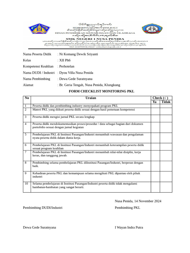 Form Checklist Monitoring PKL 2024 | PDF