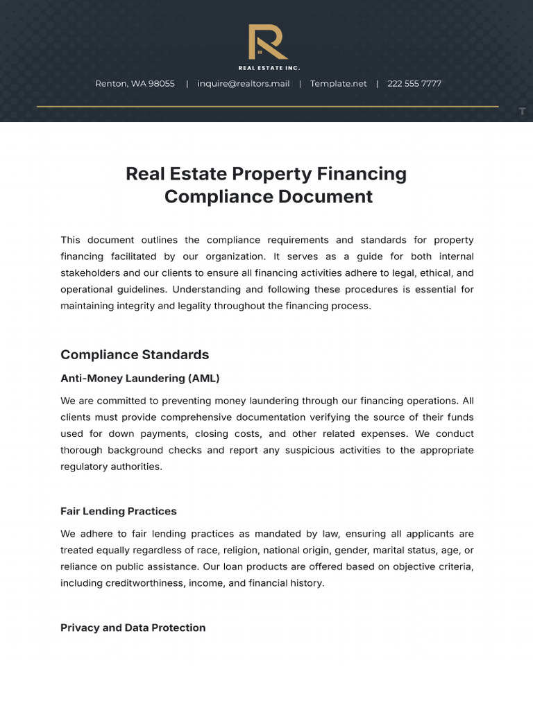 Free Real Estate Property Financing Compliance Document Template | PDF