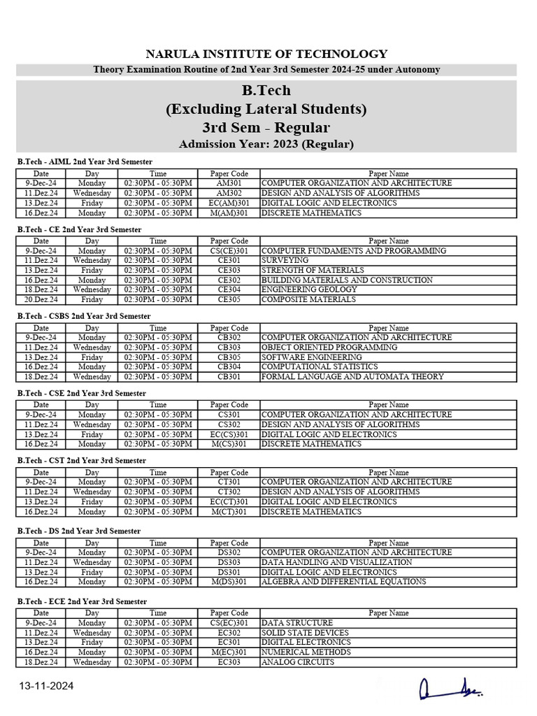 Exam Schedule Odd Sem 2024-25 | PDF | Electrical Engineering | Discrete Mathematics