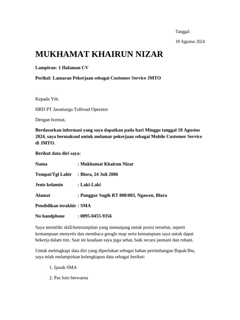 Lamaran Pekerjaan Mbak Afah | PDF