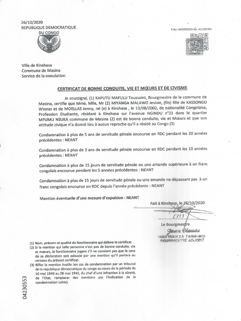 Certificat de Bonne Conduite, Vie Et Moeurs Et de Civisme | PDF