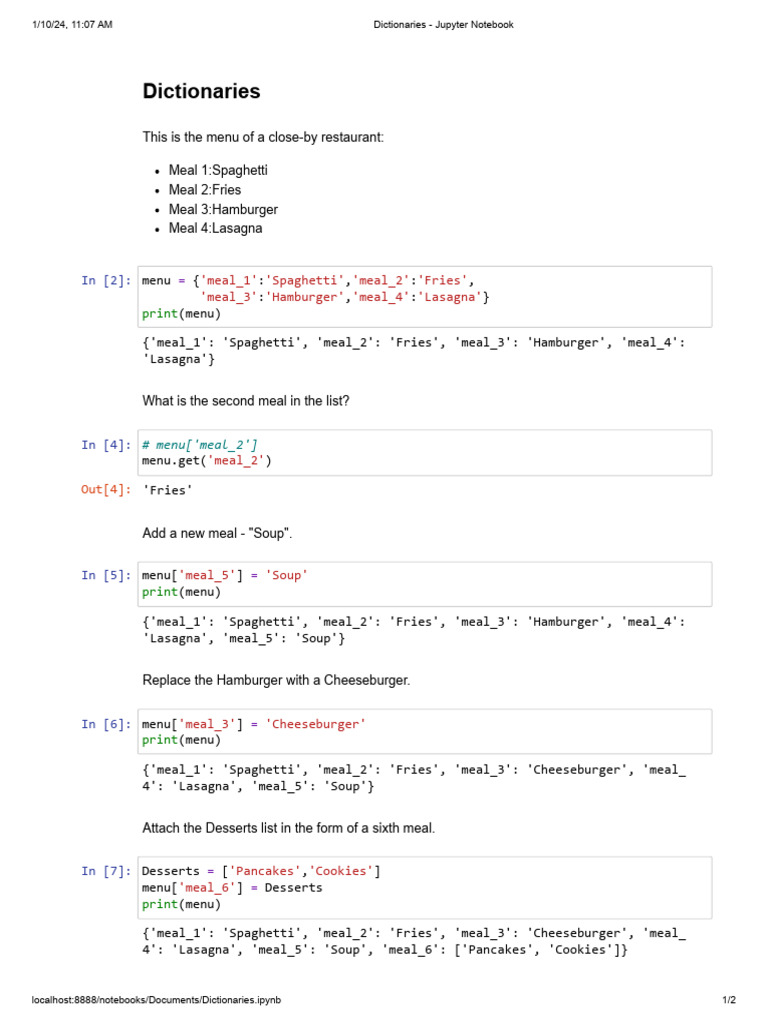 Dictionaries - Jupyter Notebook | PDF | Menu | Hamburgers
