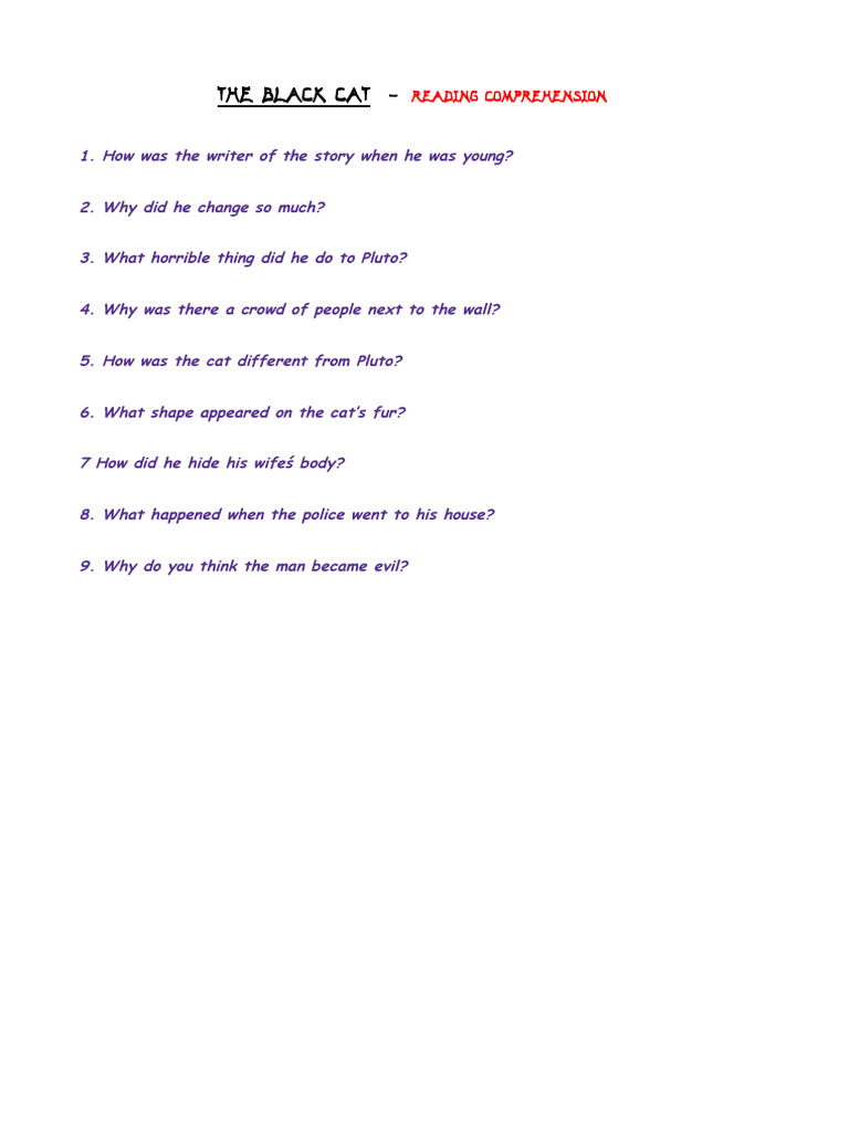 The Black Cat Reading Comprehension | PDF | Mystery, Thriller & Crime ...