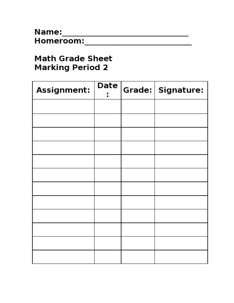 Name: - Homeroom: - Math Grade Sheet Marking Period 2 Assignment: Date ...