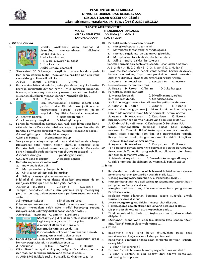 Soal Pas PKN Kelas 5 TP 2023 2024 | PDF